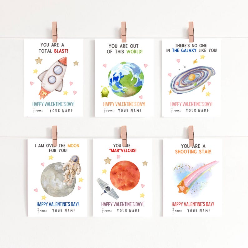 Kids Valentine Cards: Space Theme, Solar System (DIY Printable, Instant ...