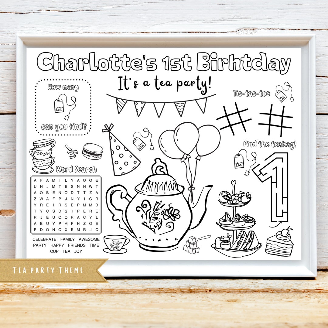 Tea Party Activity Sheet: First Birthday Coloring Page (digital ...