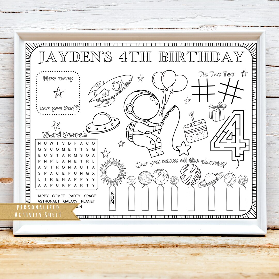 Space Galaxy Party Activity Sheet | Personalized Astronaut Table Games ...