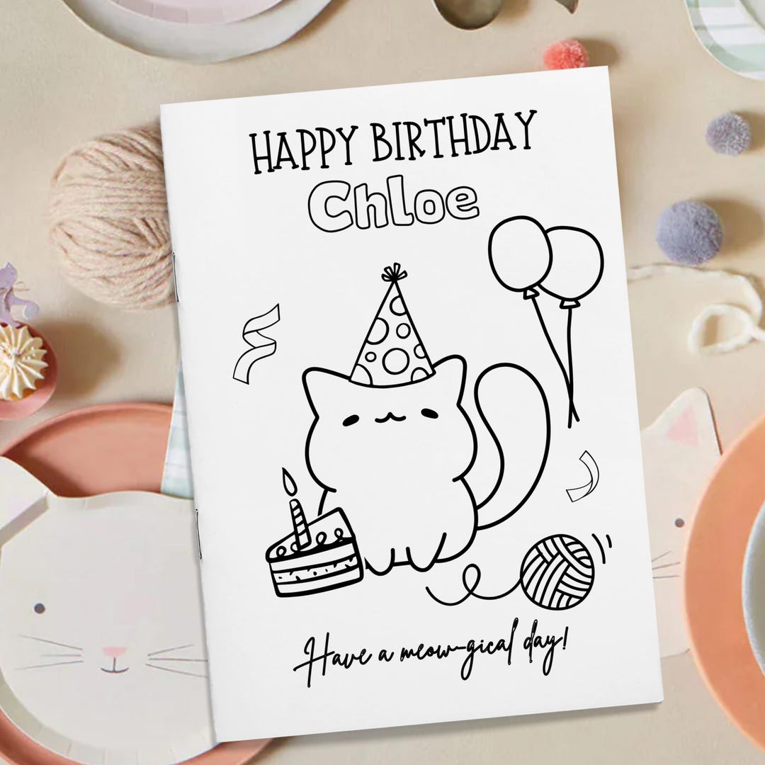 Editable Happy Birthday Kitty Cat Coloring Card | Printable Cat Card ...
