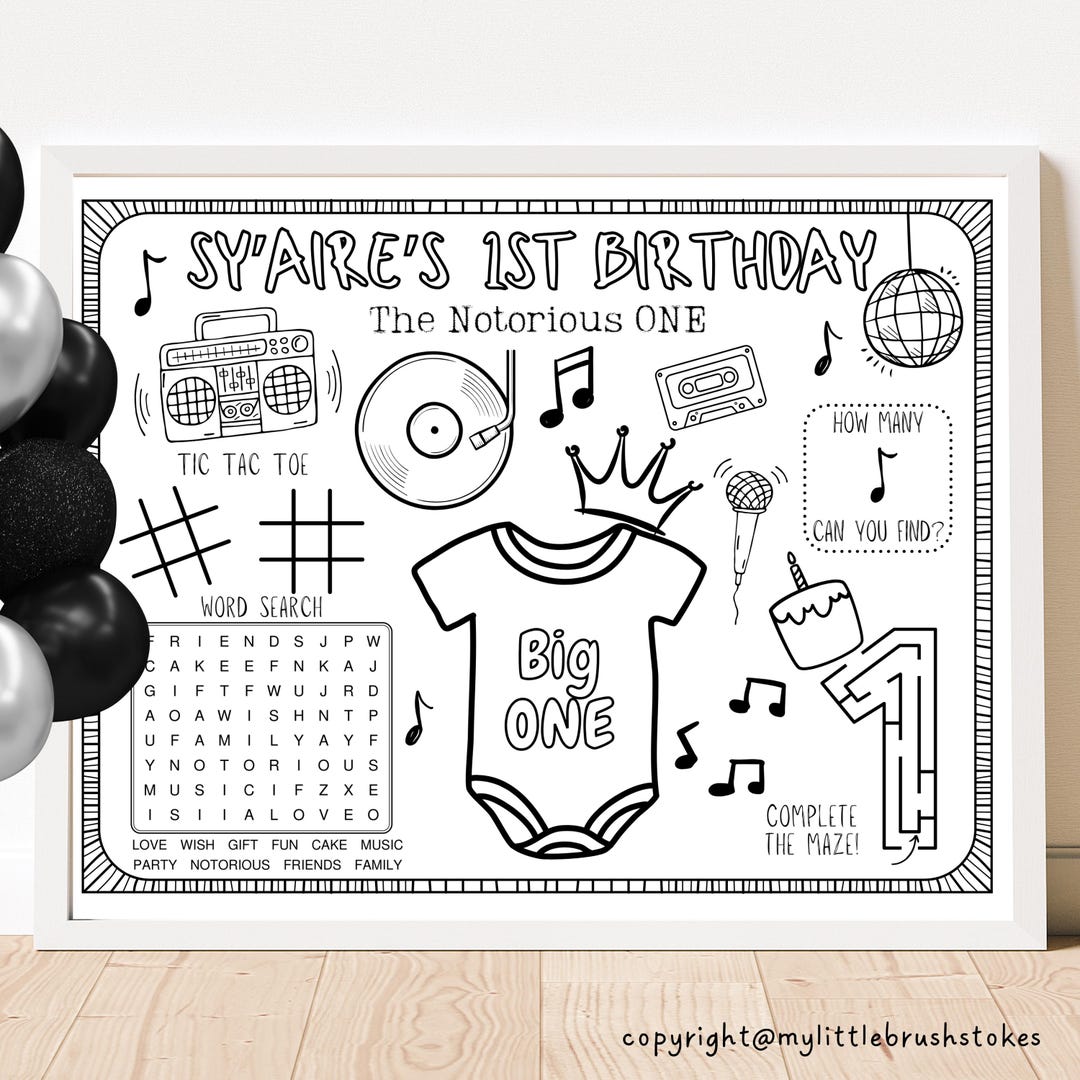 Notorious One Birthday Party Activity Sheet | Notorious Party Favor ...