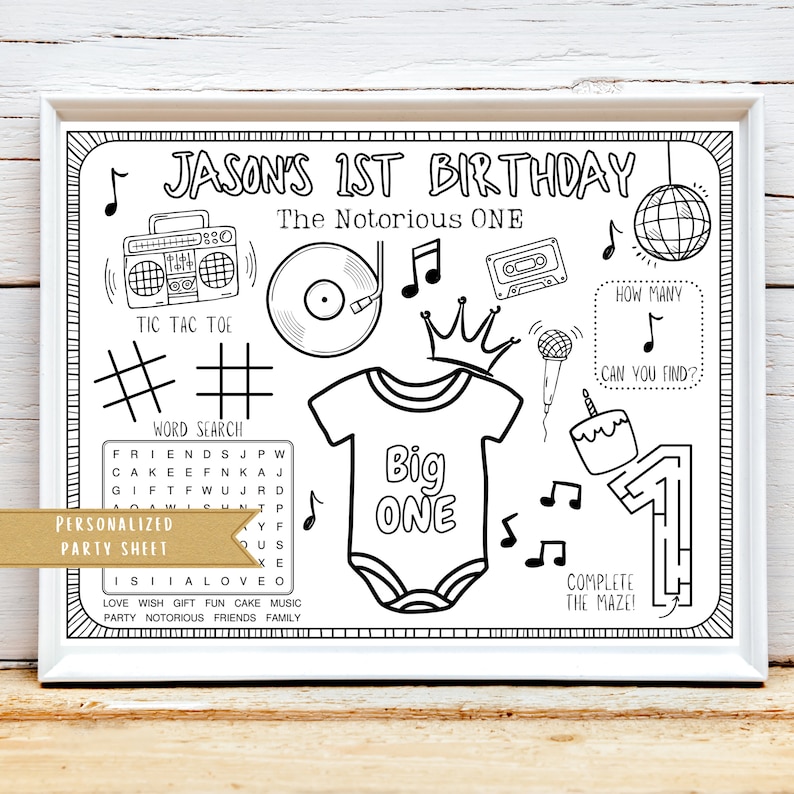 CUSTOMIZABLE Notorious ONE Birthday Activity Sheet | Hip Hop | 90s 80s ...