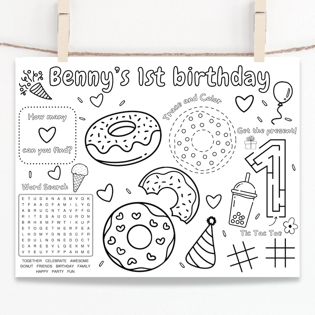 Donut Birthday Party Activity Sheet: Personalized Kids Placemat ...