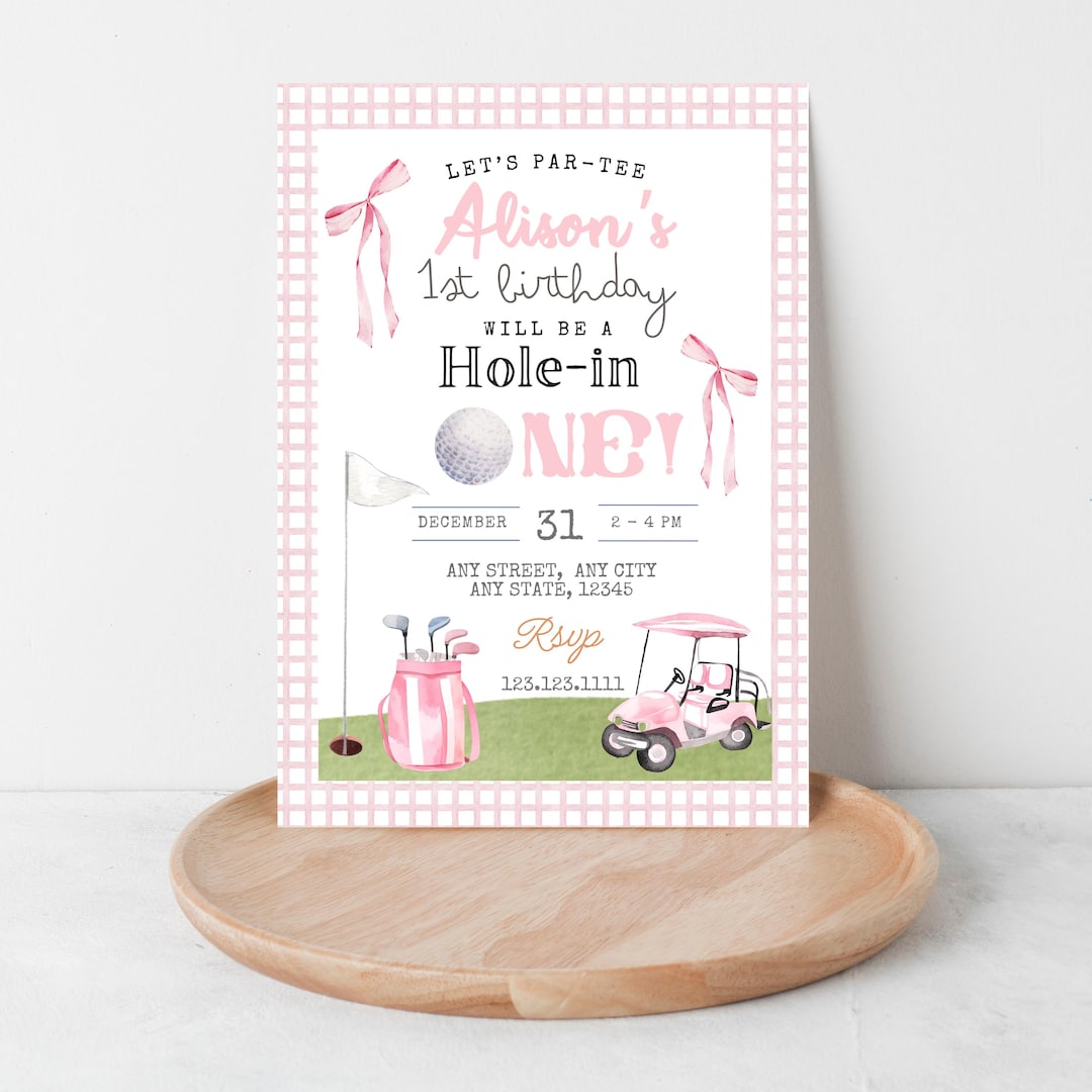 Editable Girl Golf Birthday Party Invitation | Bow Golf Hole-in-one ...