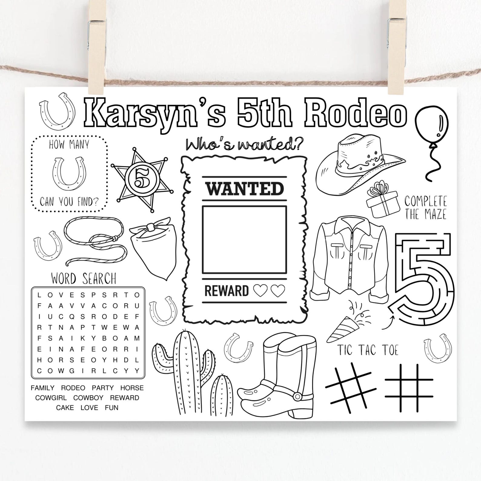 Cowboy Rodeo Party Activity Sheet: Personalized Coloring Placemat ...