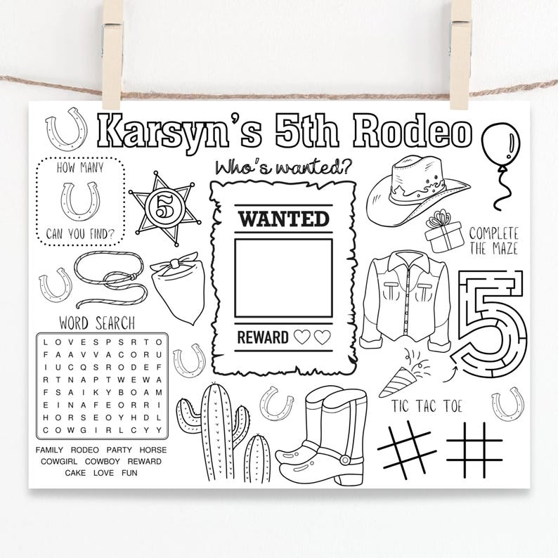 Cowboy Rodeo Party Activity Sheet: Personalized Coloring Placemat ...