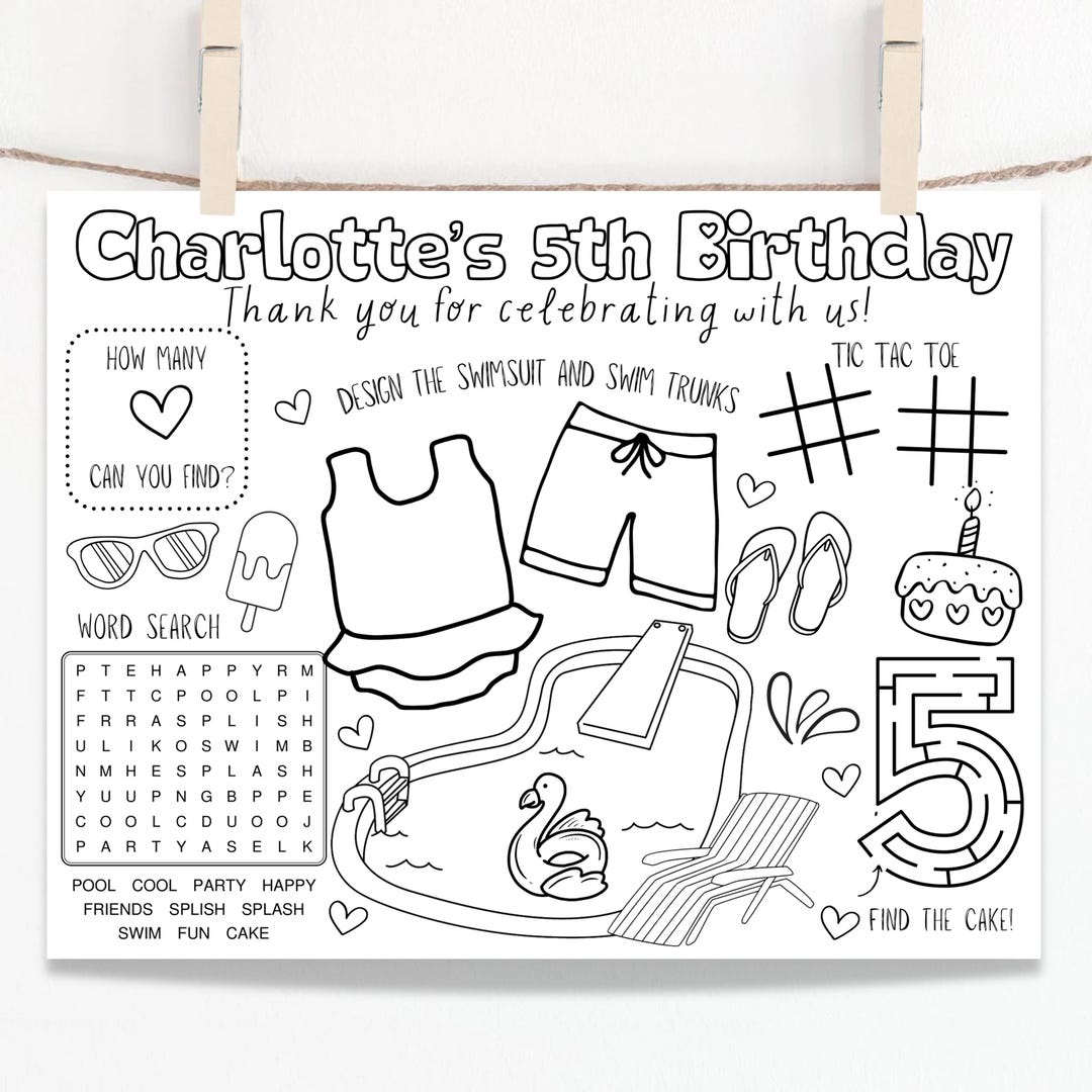 Pool Party Birthday Activity Sheet: Summer Coloring Placemat (digital ...