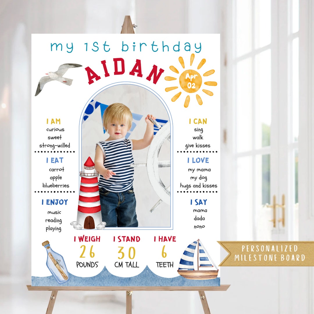 Nautical First Birthday Milestone Board Nautical Party Welcome Sign ...