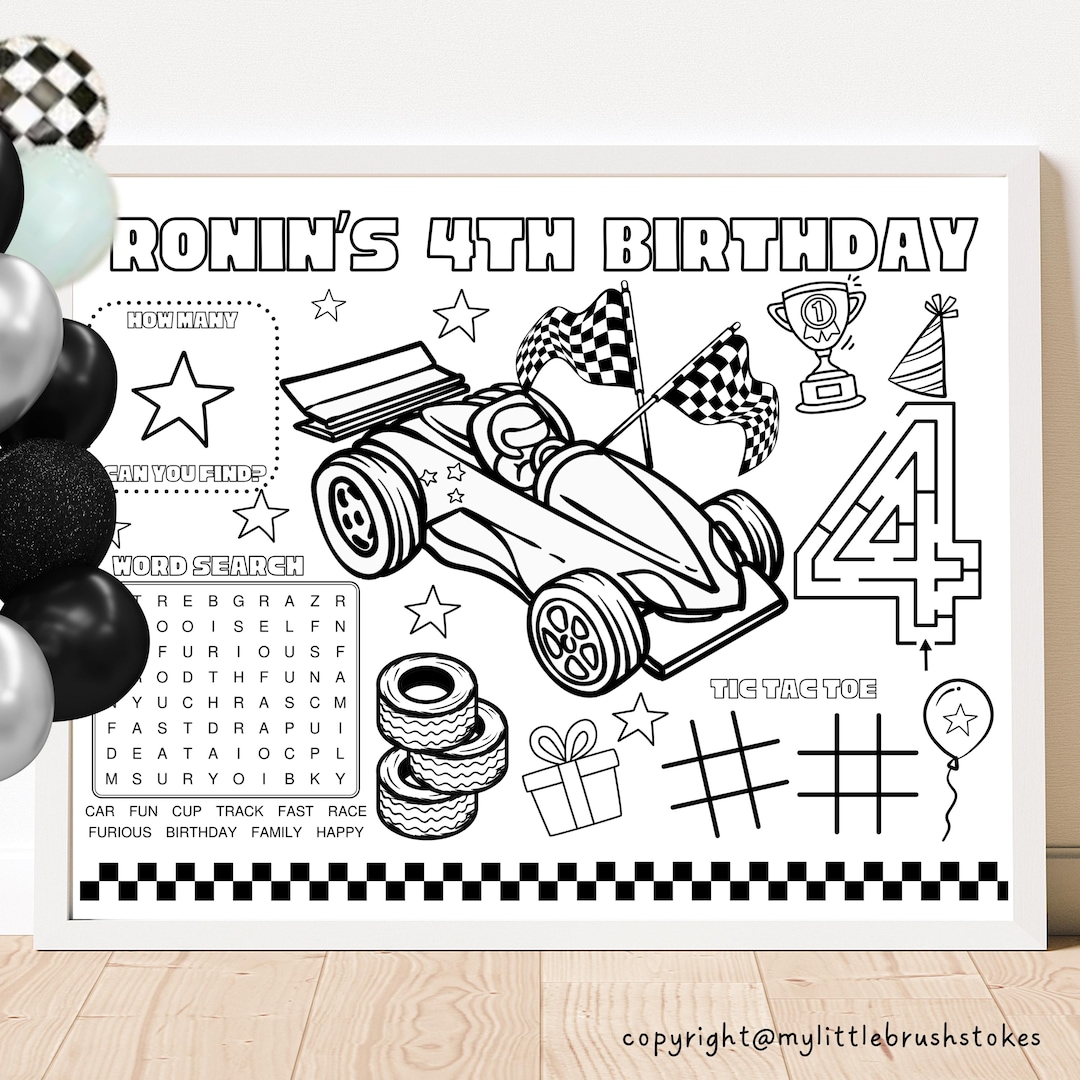 Race Car Birthday Party Coloring Sheet: Personalized Activity (digital ...