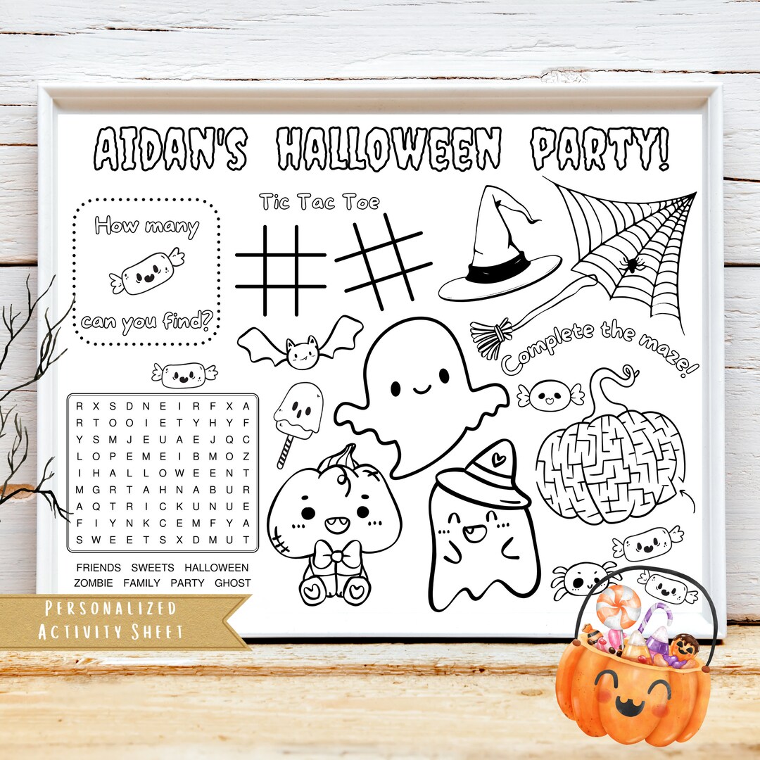 Halloween Party Coloring Sheet | Kawaii Characters Halloween Game Party ...