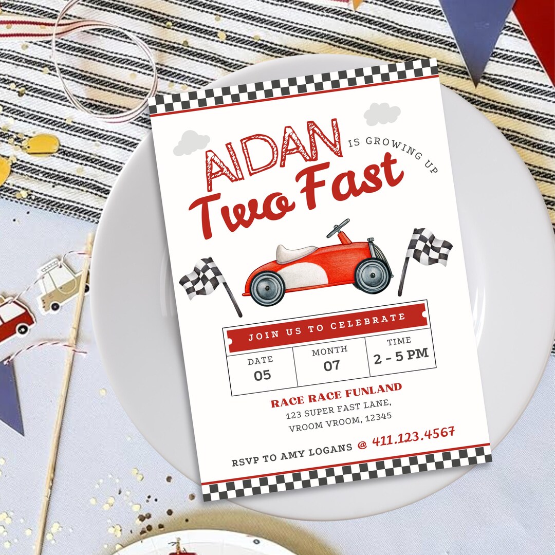 Editable Two Fast Vintage Race Car Party Invitation Template | Fast One ...