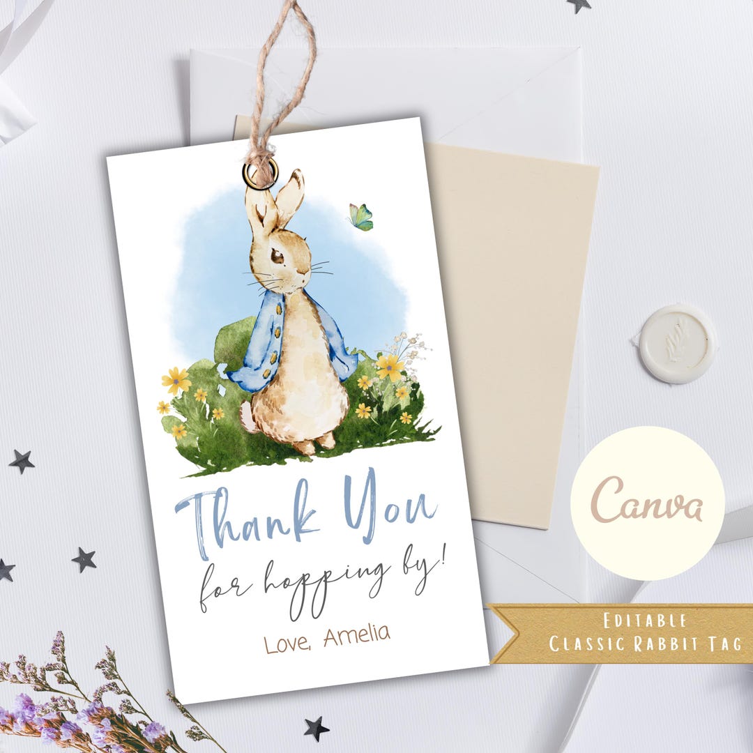Editable Classic Rabbit Thank You Tag in Blue | Rabbit Gift Tag | Peter ...