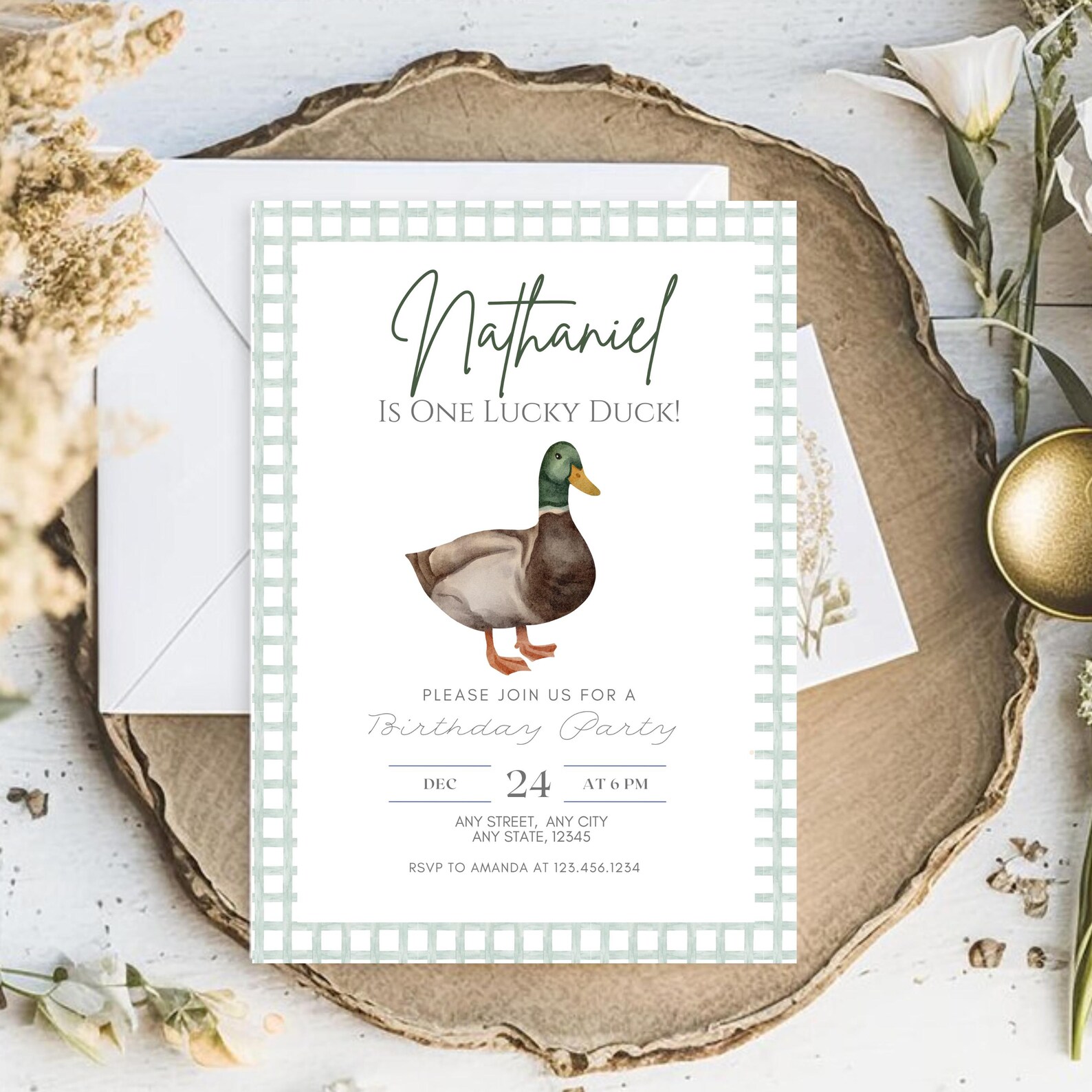 Editable Mallard Duck Gable Box Label: First Birthday Party (digital ...