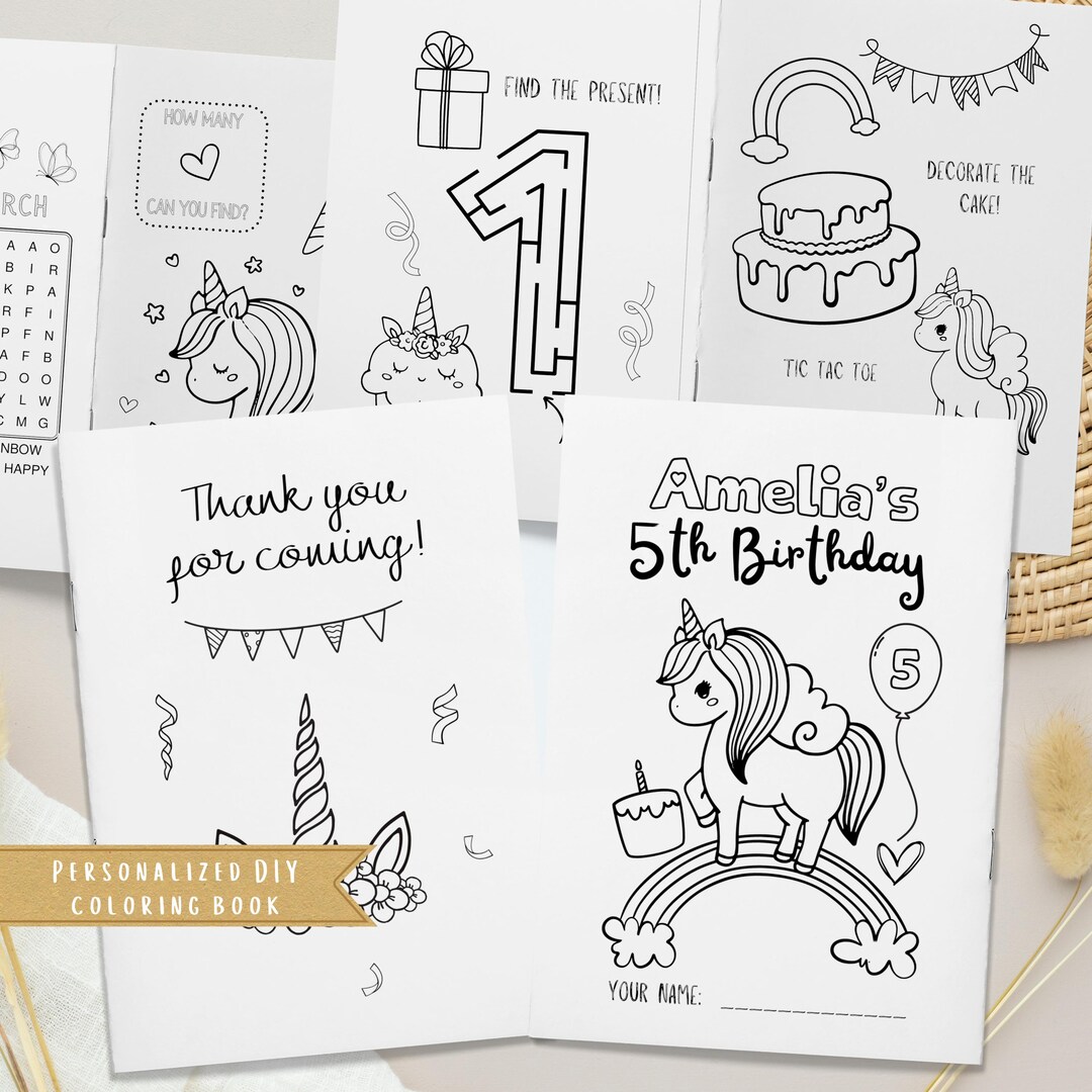Personalized Unicorn Birthday Coloring Book: Party Activity (digital ...