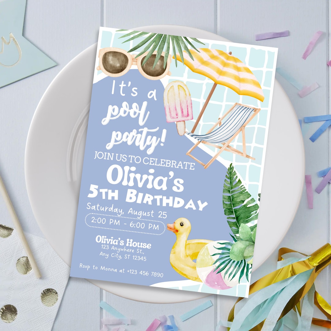 Editable Summer Pool Party Invitation | Pool Themed Party Invite ...