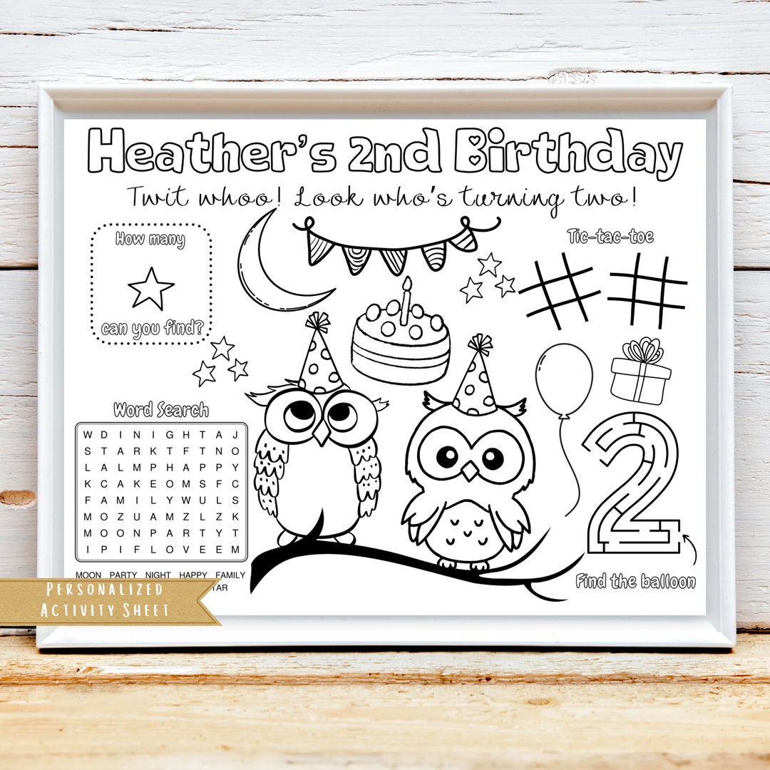 Owl Birthday Party Activity Sheet | Cute Owl Party Favor | Owl Coloring ...