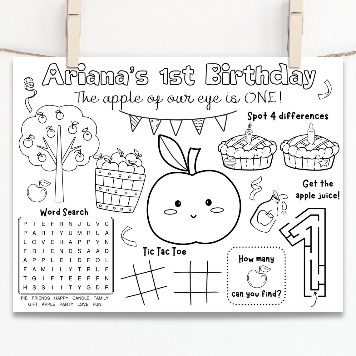 Custom Apple Birthday Activity Placemat | Coloring Page (digital ...