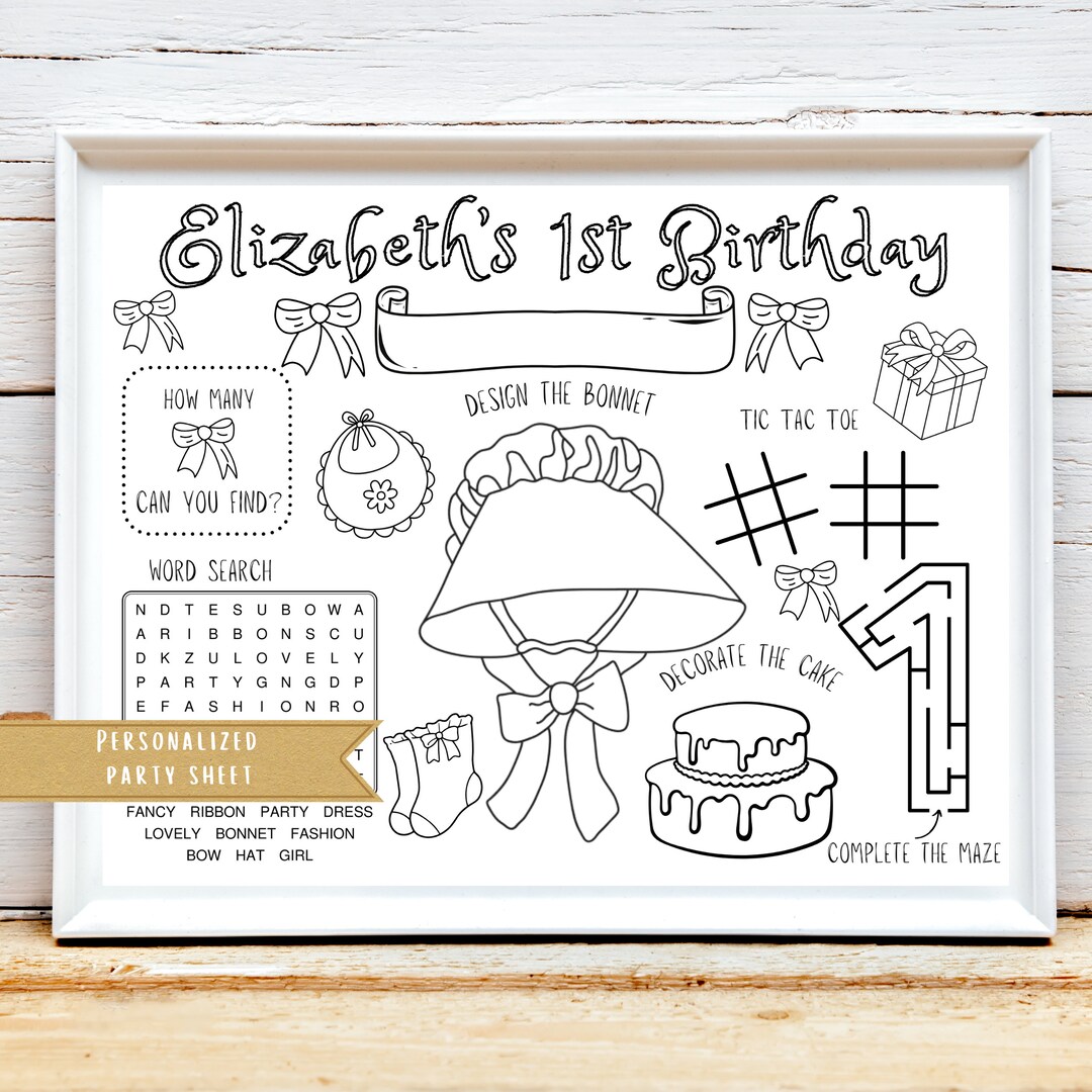Bonnet & Ribbon Party Activity Sheet: Personalized Birthday Placemat ...