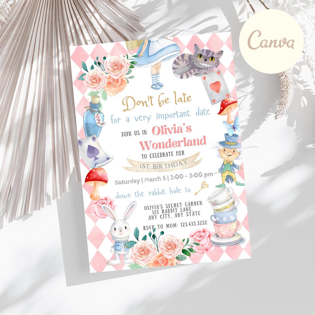 Alice in Wonderland Birthday Invitation: Editable Canva Template ...