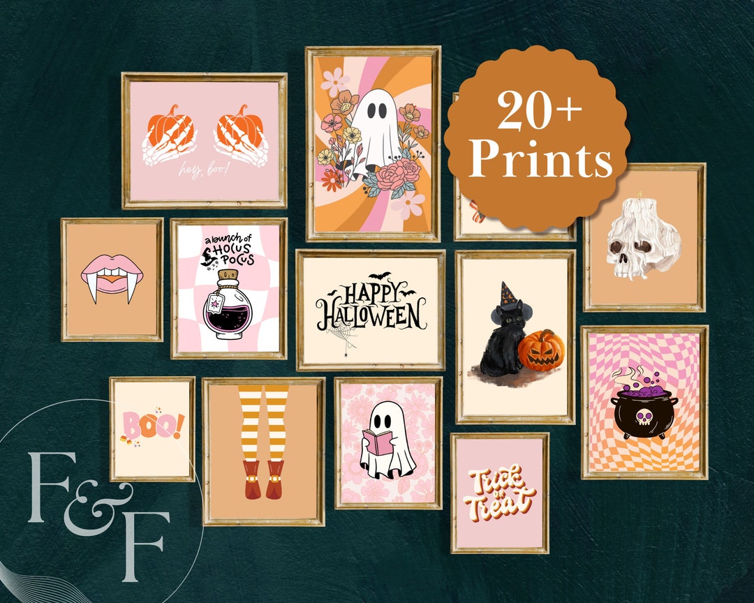 Retro Pastel Halloween Prints: Spooky Gallery Wall Art, Pink Halloween ...