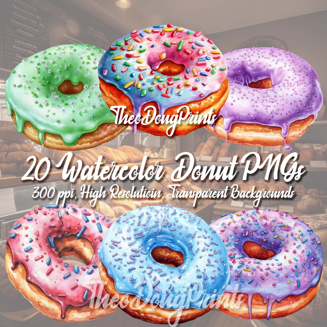Watercolor Donut Clipart Bundle, Baker Logo PNG Set, Transparent ...