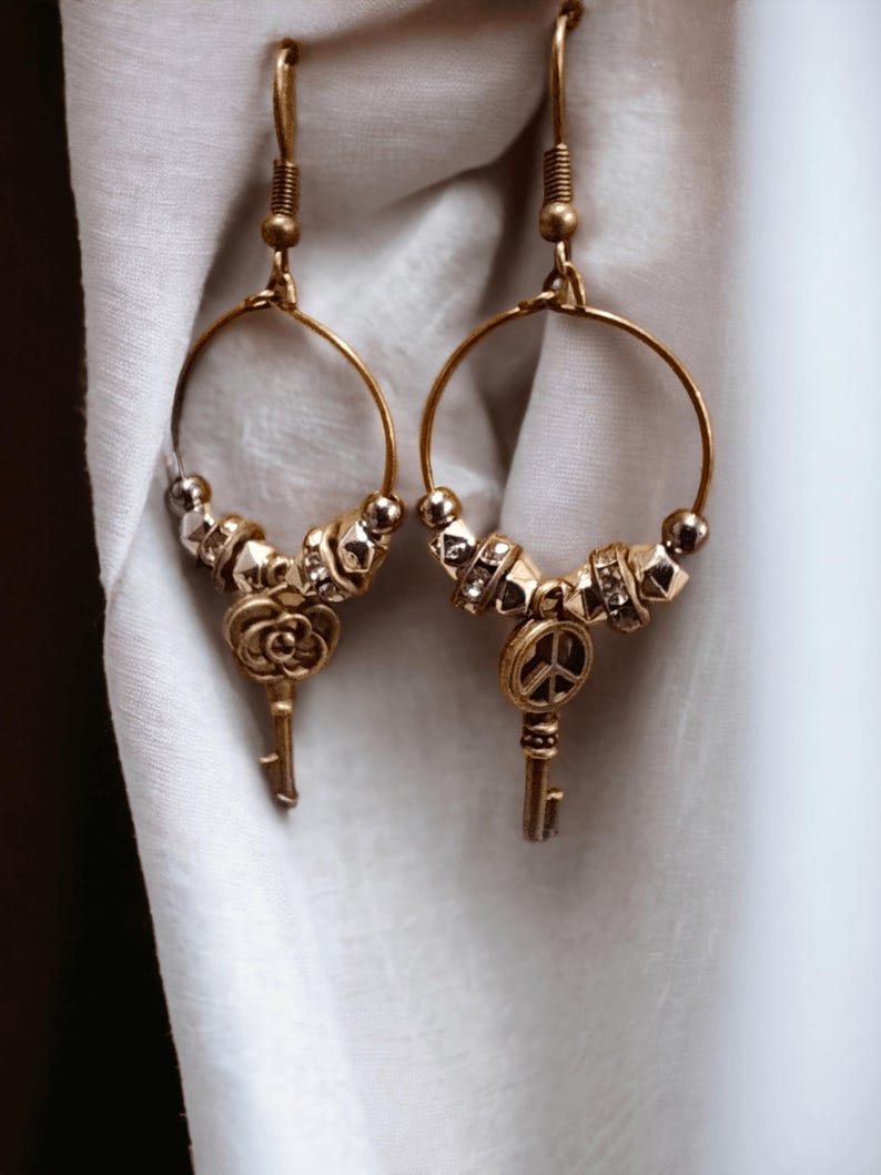 Bronze Colored Hoops With Key Pendants and Beads - Etsy