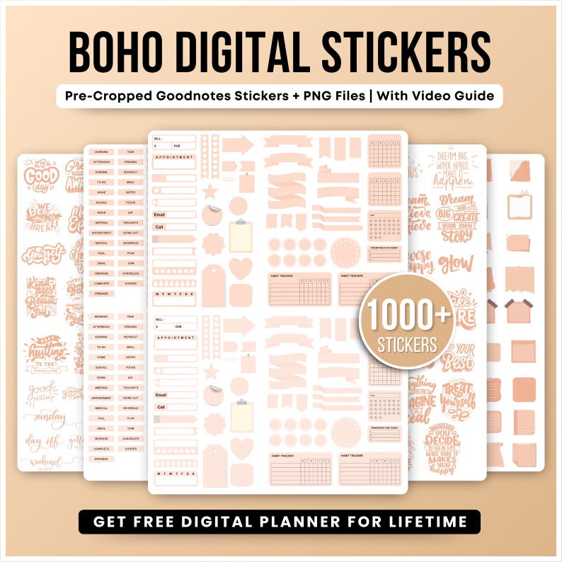 1000+ Boho Digital Stickers for Goodnotes & PNG | Neutral Functional ...