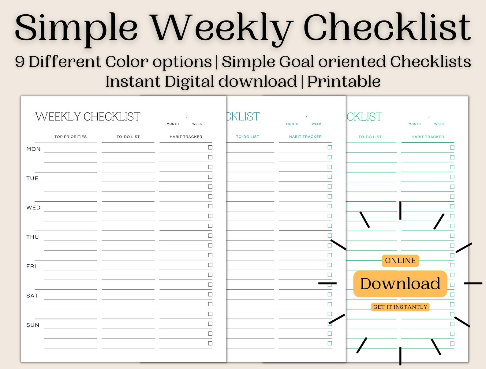 Weekly Planner Printable, Checklist, Goal and Habit Tracker, Minimalist ...