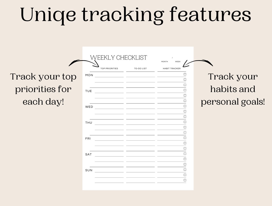 Weekly Planner Printable, Checklist, Goal and Habit Tracker, Minimalist ...