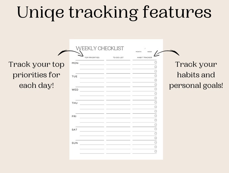 Weekly Planner Printable, Checklist, Goal and Habit Tracker, Minimalist ...
