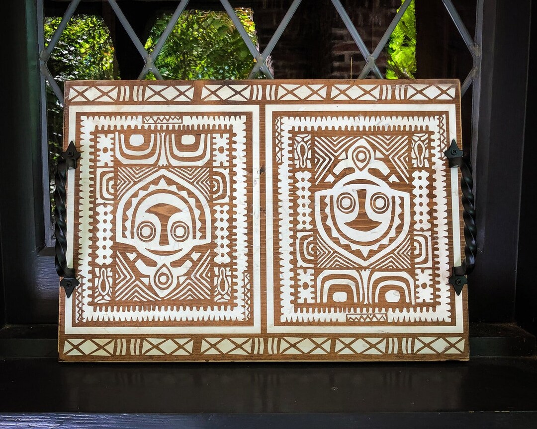 Handcrafted Tiki Art Wood Tray, Drink Serving Platter With Iron Handles ...