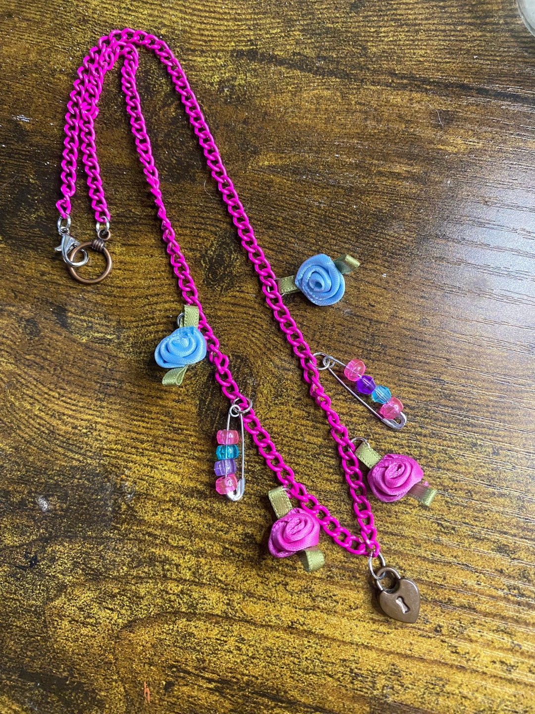 Pink Rose Safety Pin Heart Lock Valentines Day Charm Necklace - Etsy