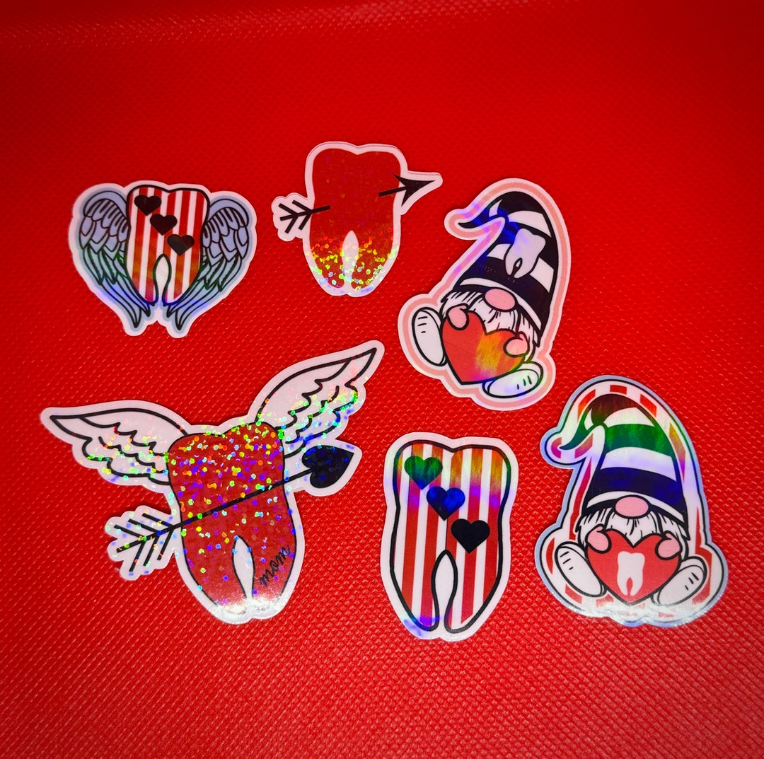 6-pack Glitter Valentine's Dental Stickers, Dental Decals, Dentistry ...