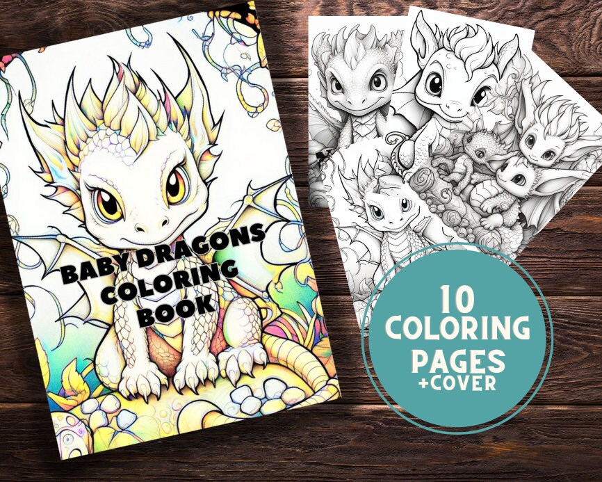 Baby Dragons Fantasy Digital Coloring Page Book, Adults + Kids- Instant ...