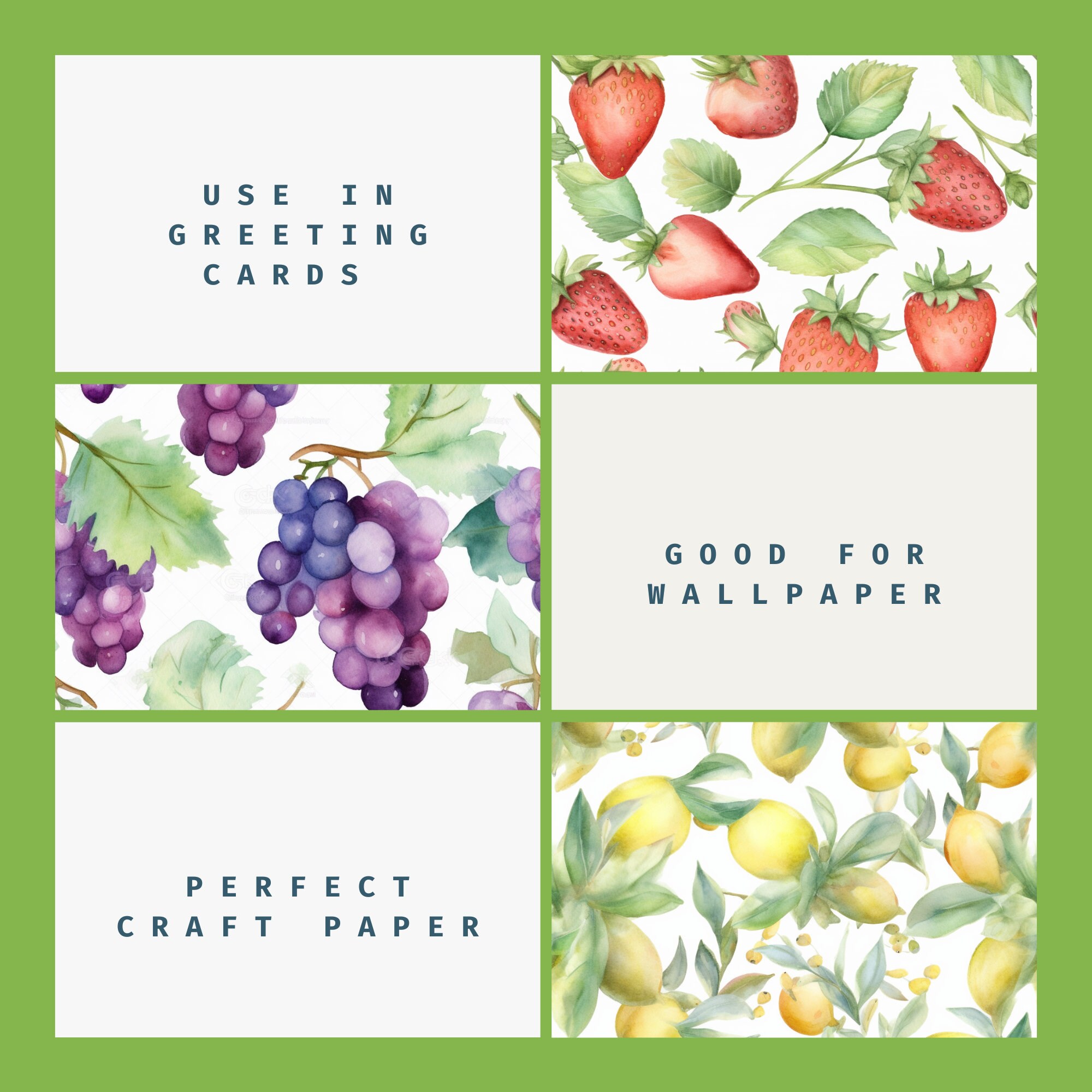 Watercolor Fruit and Herb Digital Pattern Printable Scrapbook Paper Set ...