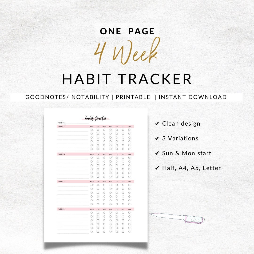 4 Week Light Pink Habit Tracker Printable, Routine Tracker, Weekly ...