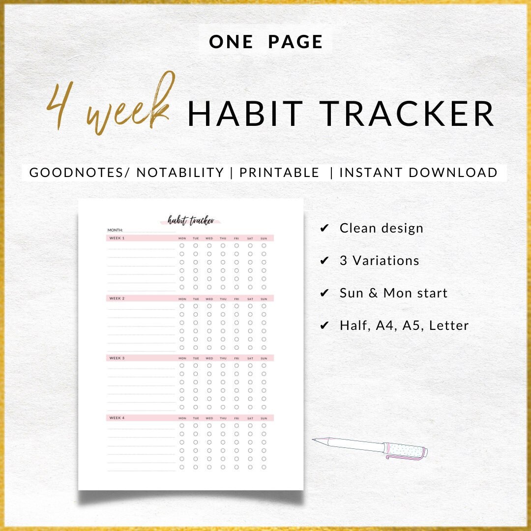 4 Week Light Pink Habit Tracker Printable Routine Tracker - Etsy