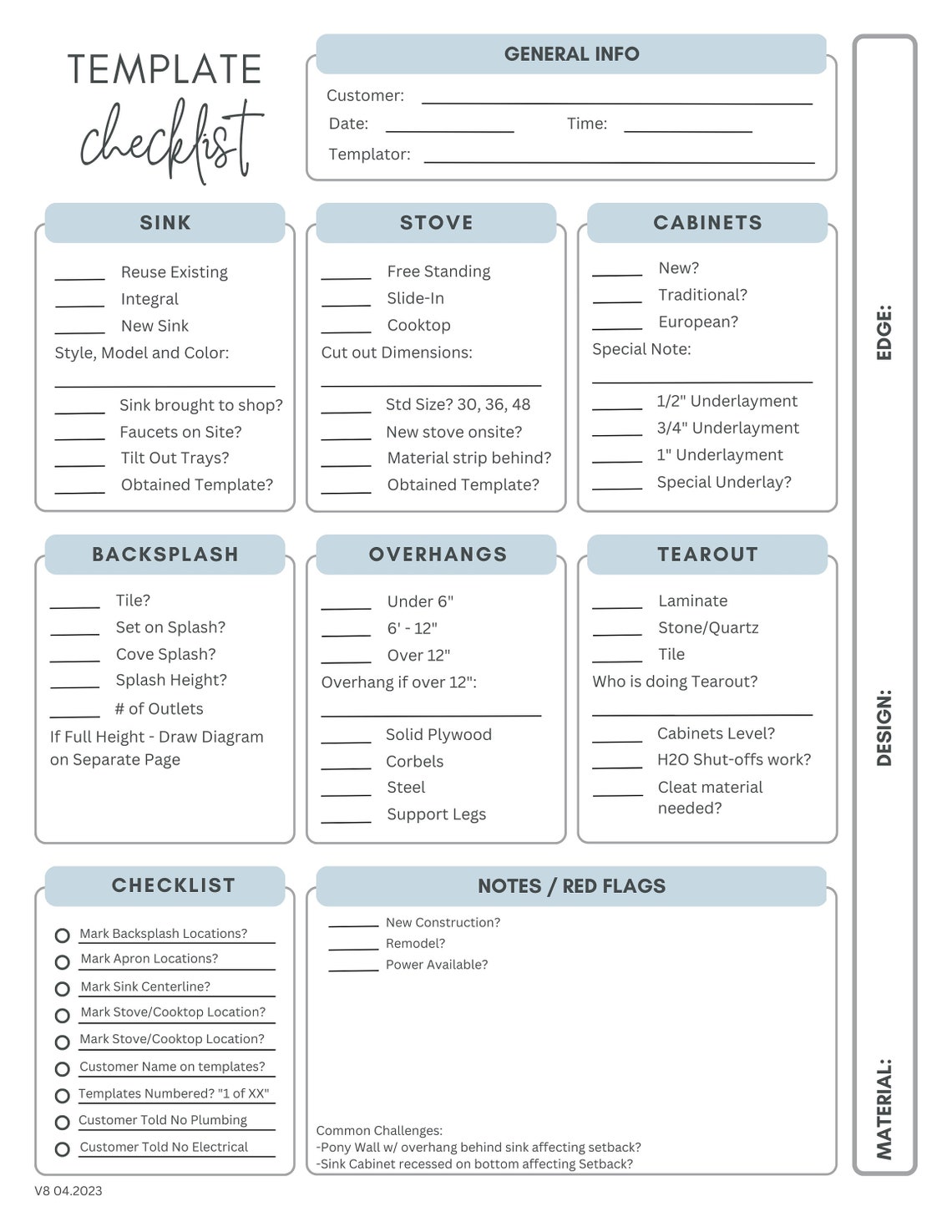 Countertop Template Checklist - Checklist for Templating Granite ...