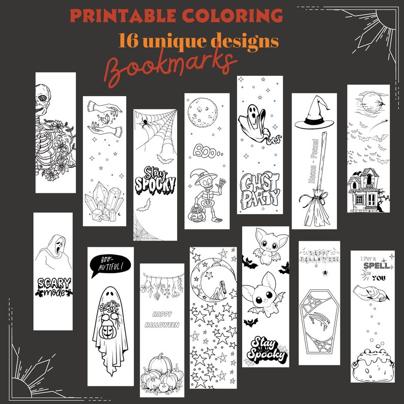 Halloween Coloring Bookmarks, Set of 16 Unique Designs for Adults ...