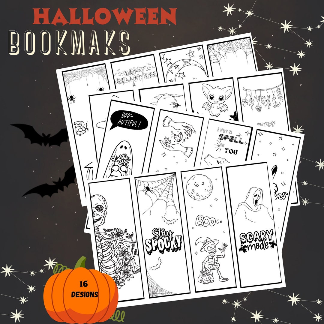 Halloween Coloring Bookmarks, Set of 16 Unique Designs for Adults ...