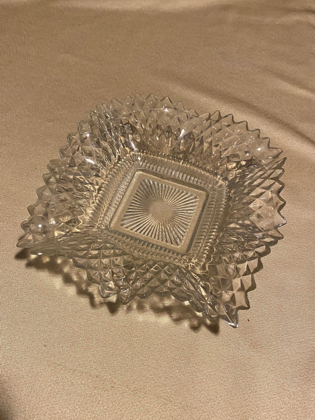 1950’s Vintage Indiana Glass Co. Clear Pressed Diamond Cut Glass Square ...
