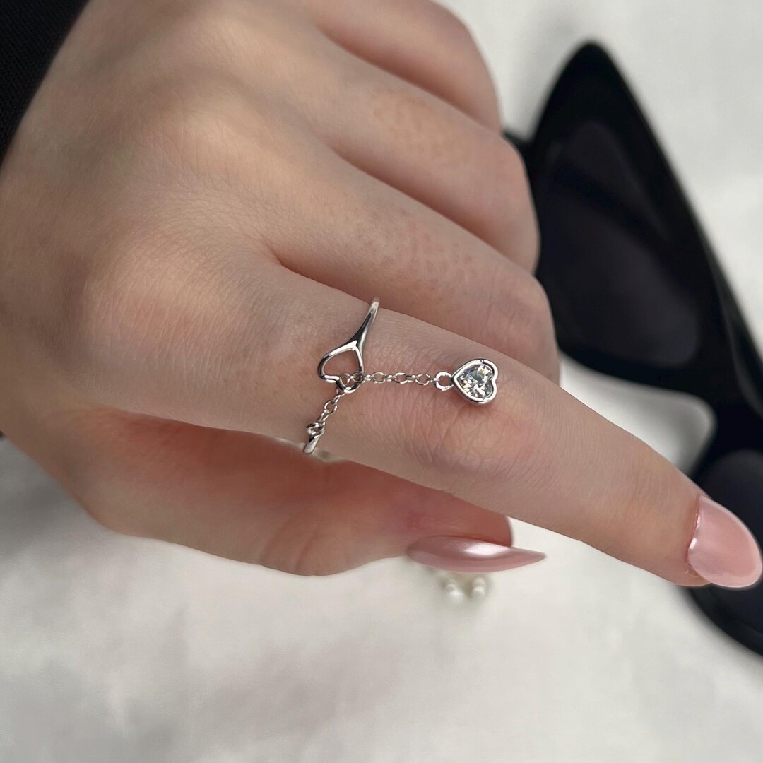 Sparkly Heart Dangle Ring S925 Sterling Silver Fine Jewelry Adjustable ...