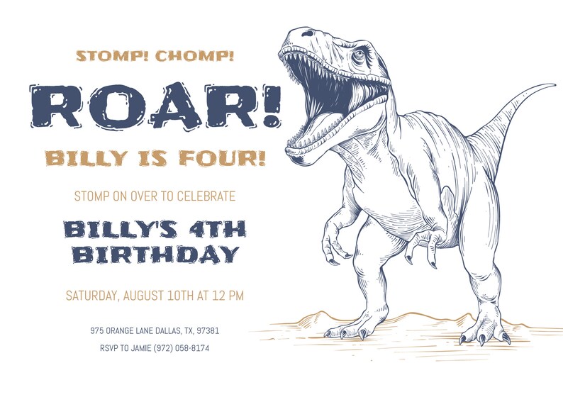 T-rex Stomp Chomp Roar Dinosaur Fourth 4th Birthday Party Personalized ...