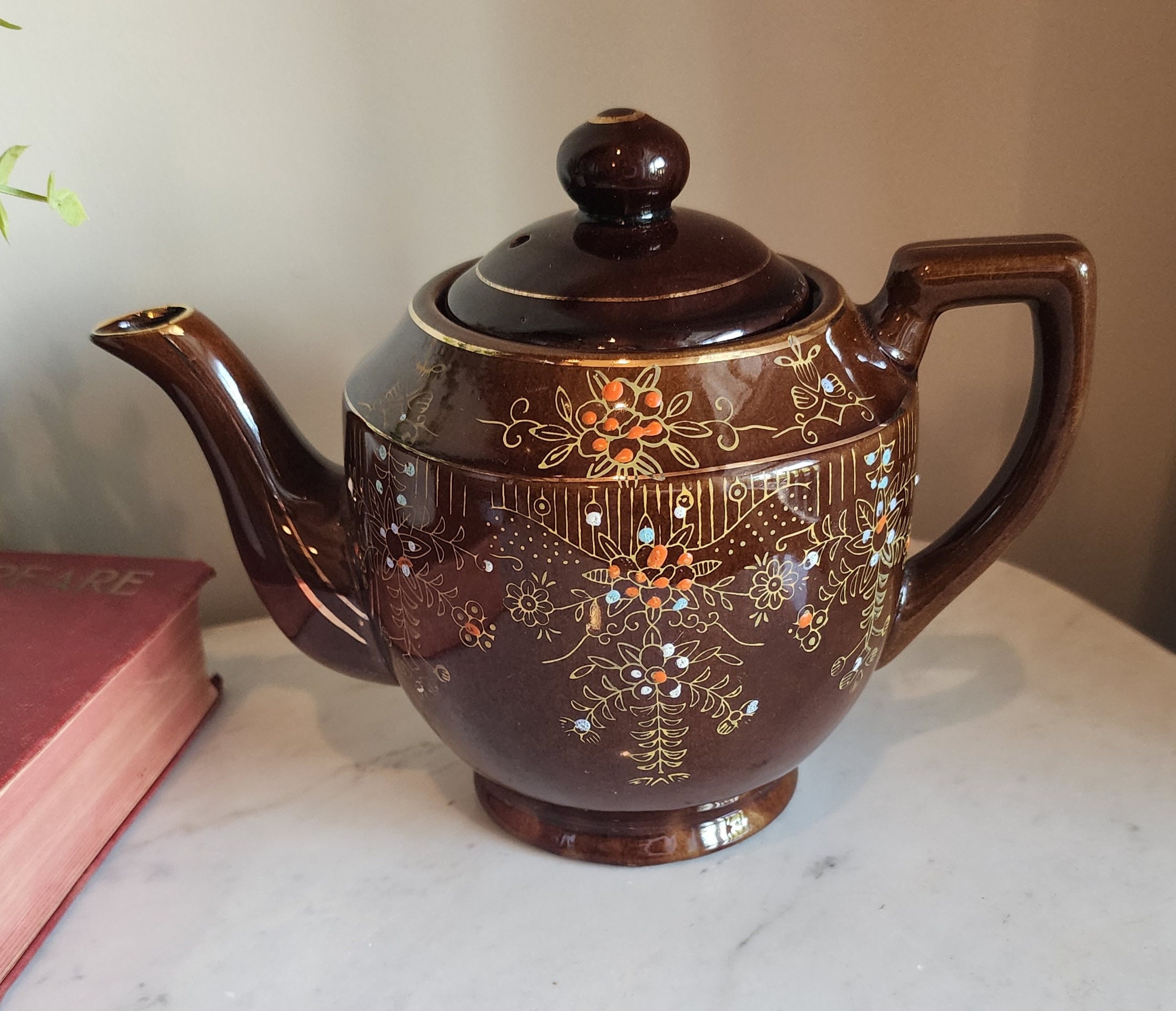 Vintage Teapot Hand Painted Redware Brown Betty Teapot Boho - Etsy