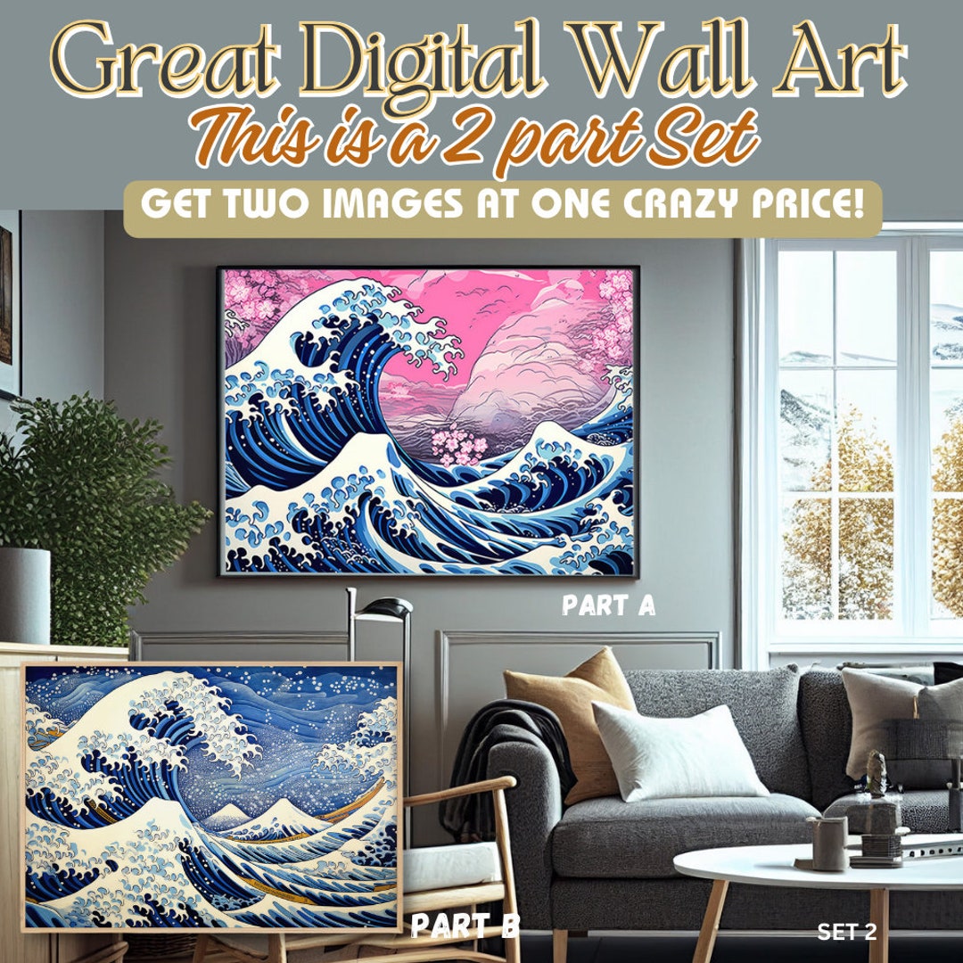 Kanagawa Waves: Hokusai's Great Wave 2-part Image Set, Japanese Wall ...