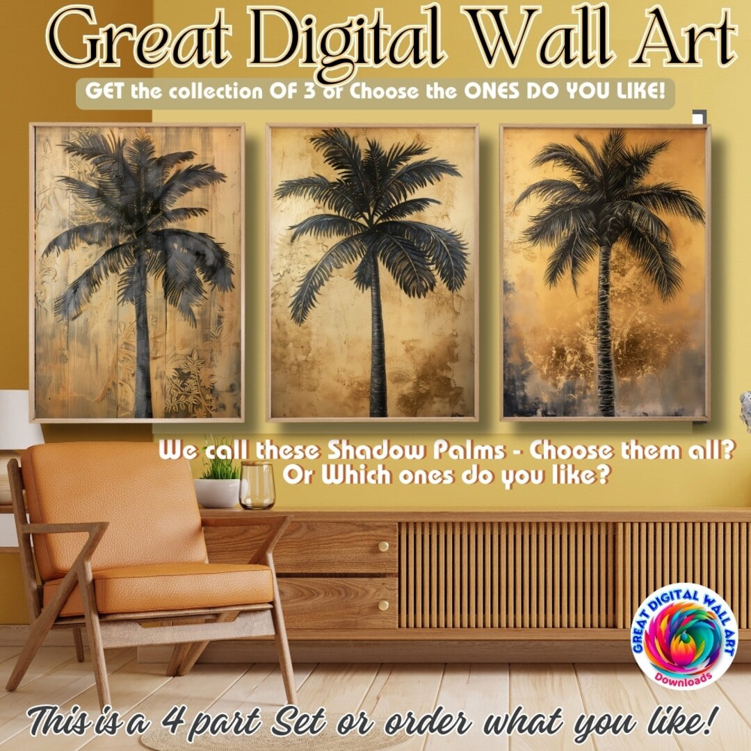 Palm Trees BLACK Palm Tree Wall Art Set 3 PARTS, Vintage Palm Tree ...