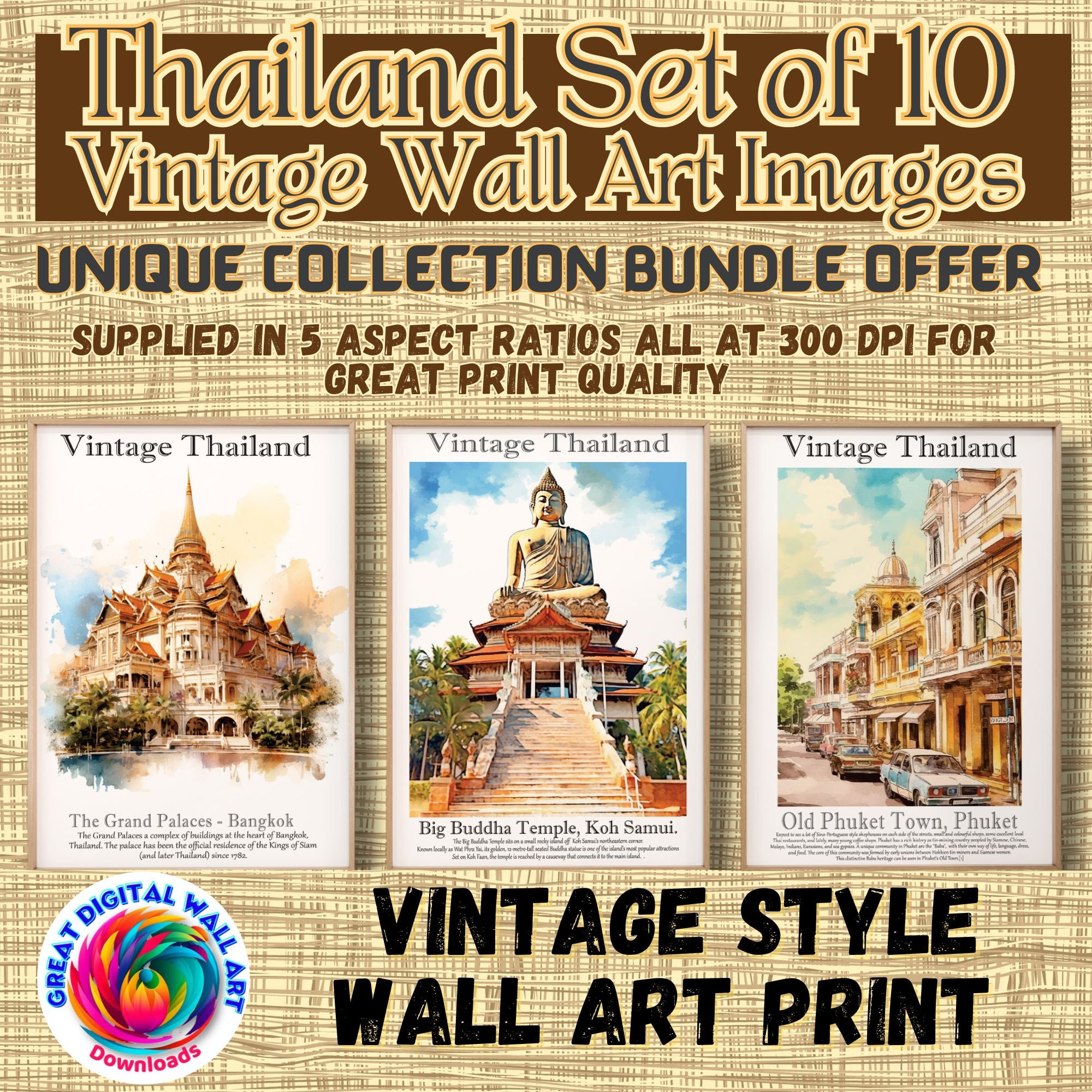 Thailand Art, Set 10 Digital Prints Vintage Thailand. Digital Wall Art ...