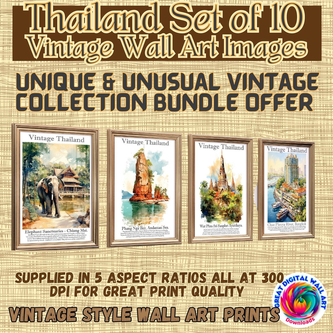 Thailand Art, Set 10 Digital Prints Vintage Thailand. Digital Wall Art ...