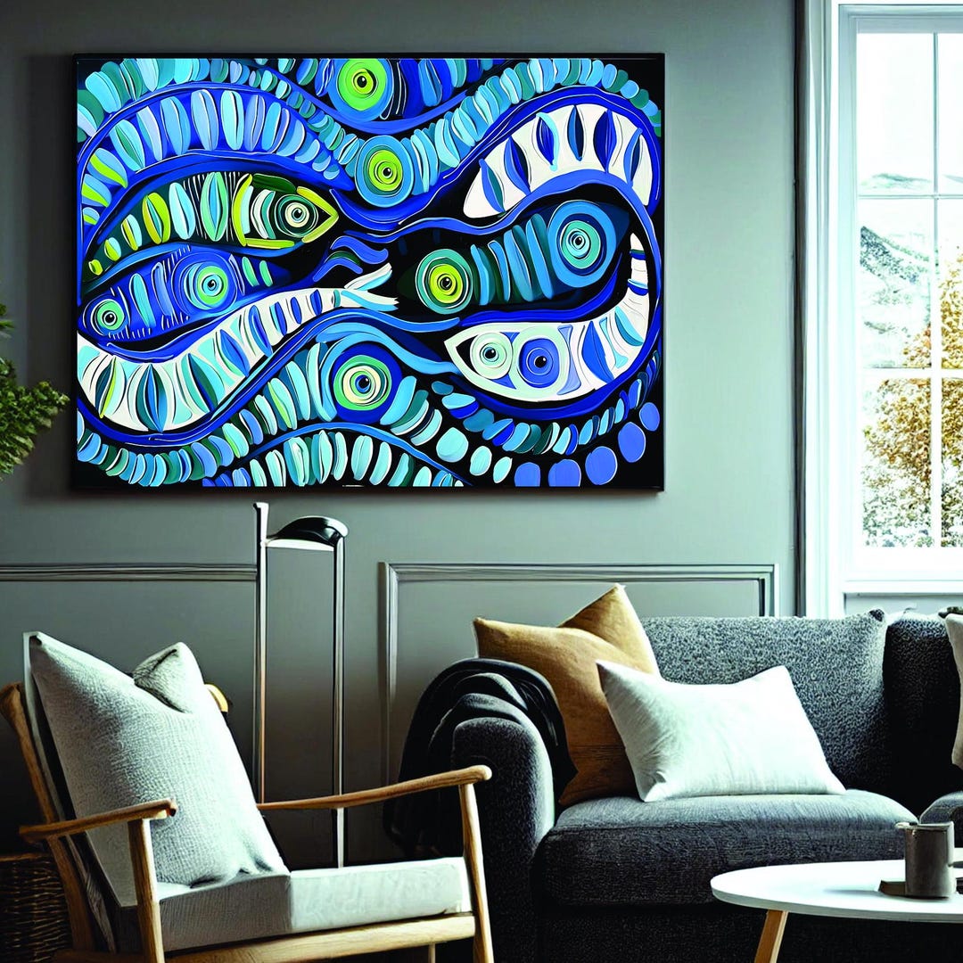 Blue & Green Fish Pattern. Aboriginal Inspired Styled Dot Art, Boho ...