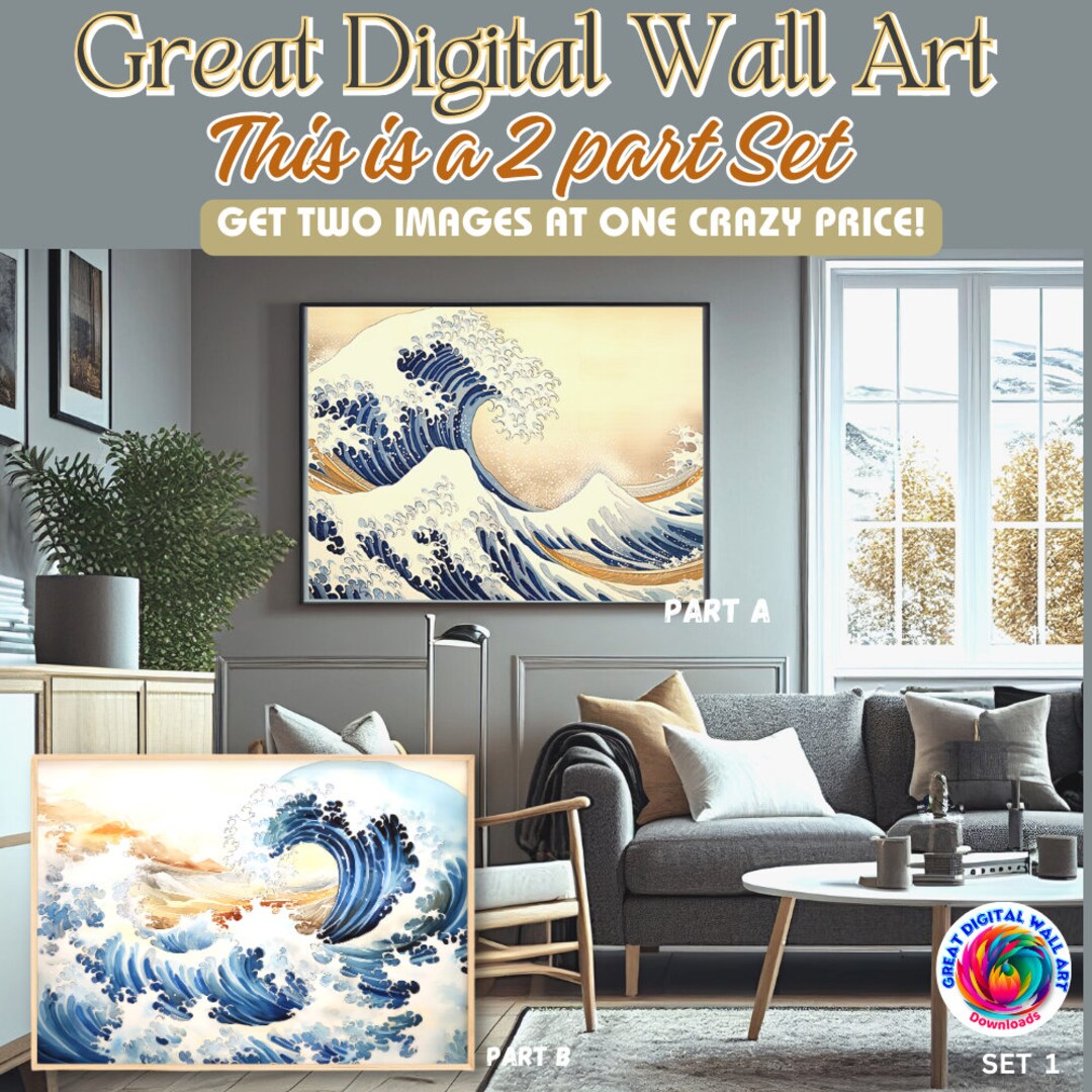 Kanagawa Waves: Hokusai's Great Wave 2-part Image Set, Japanese Wall ...